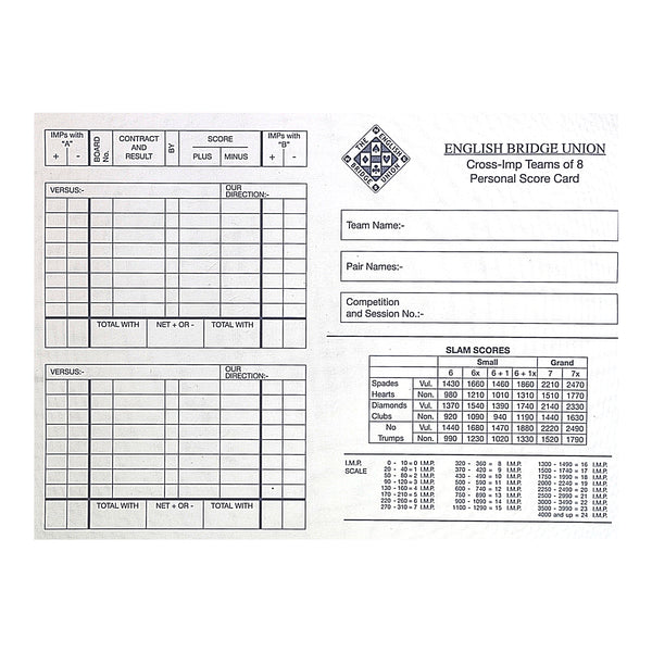 Teams of 8 Cross-IMP Scorecards EBU0018 – The Bridge Warehouse