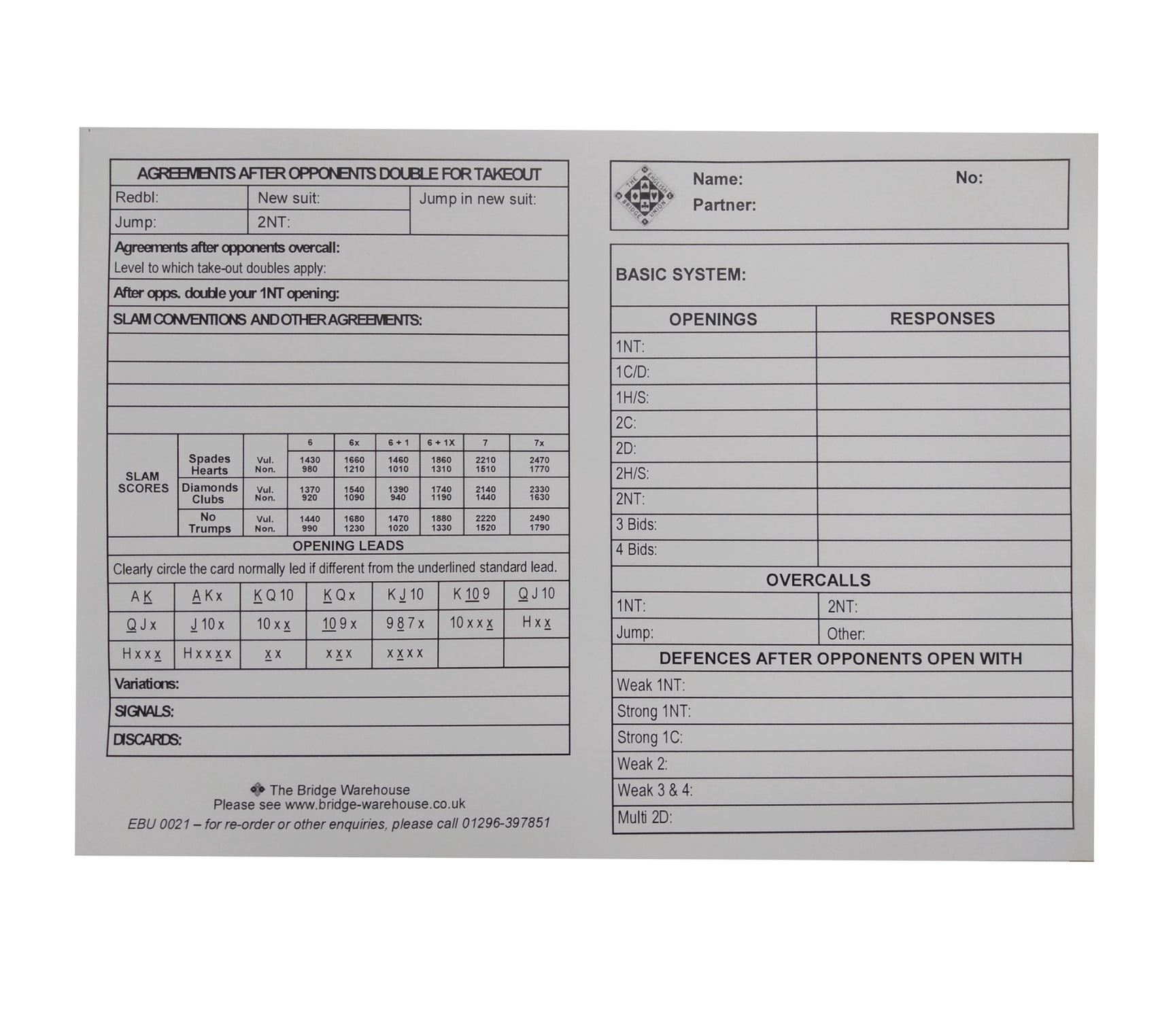 Personal Score Cards 36 Boards + Conventions EBU0021 – The Bridge Warehouse