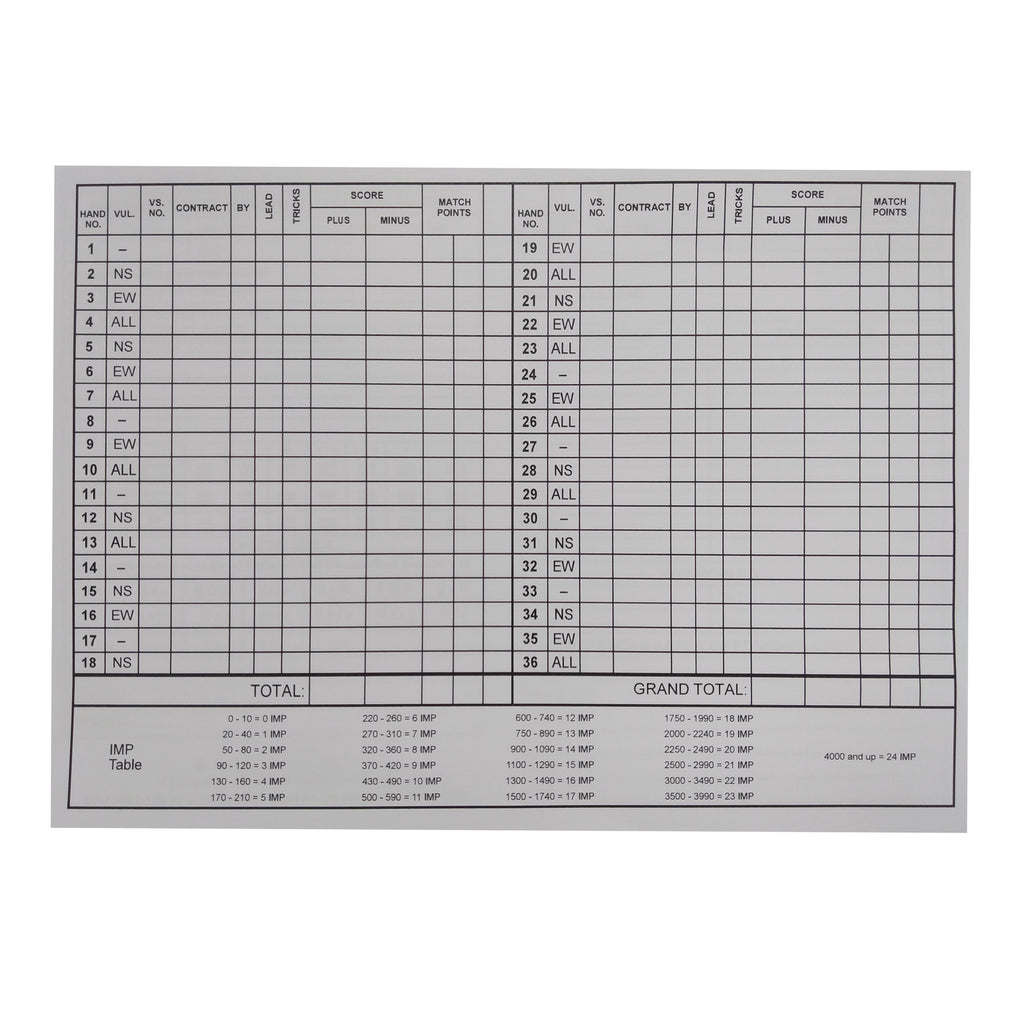 Personal Score Cards 36 Boards + Conventions EBU0021 – The Bridge Warehouse